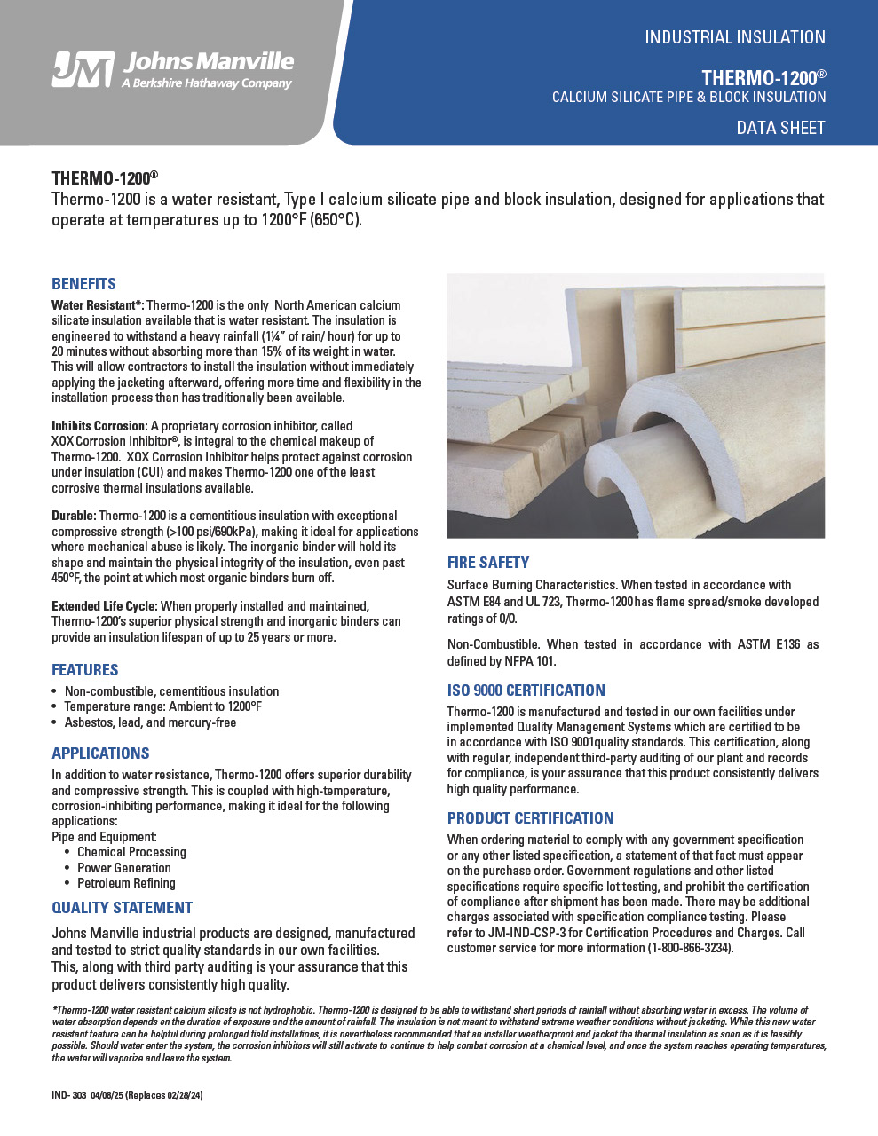 calcium silicate insulation specification