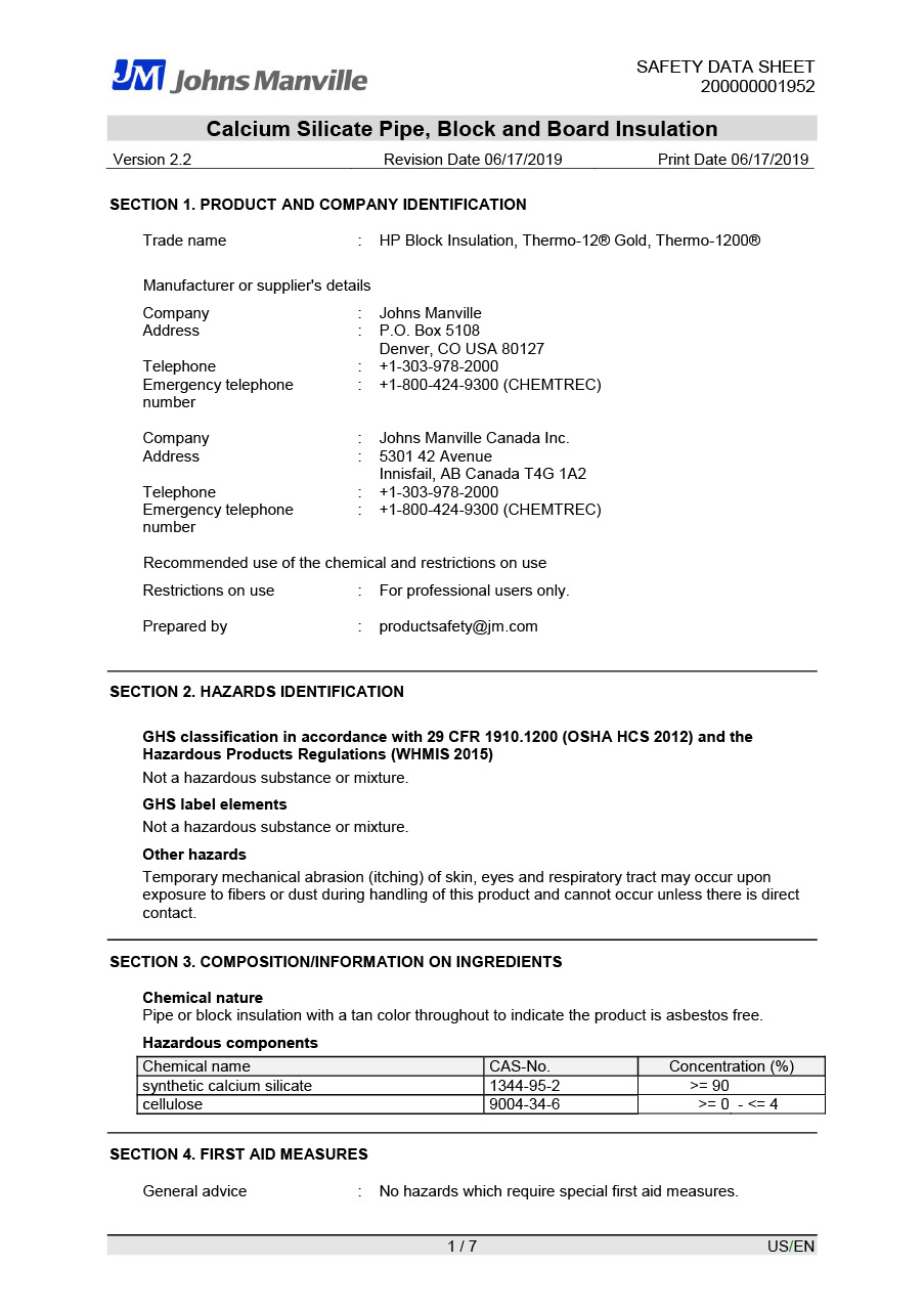 calcium silicate insulation specification